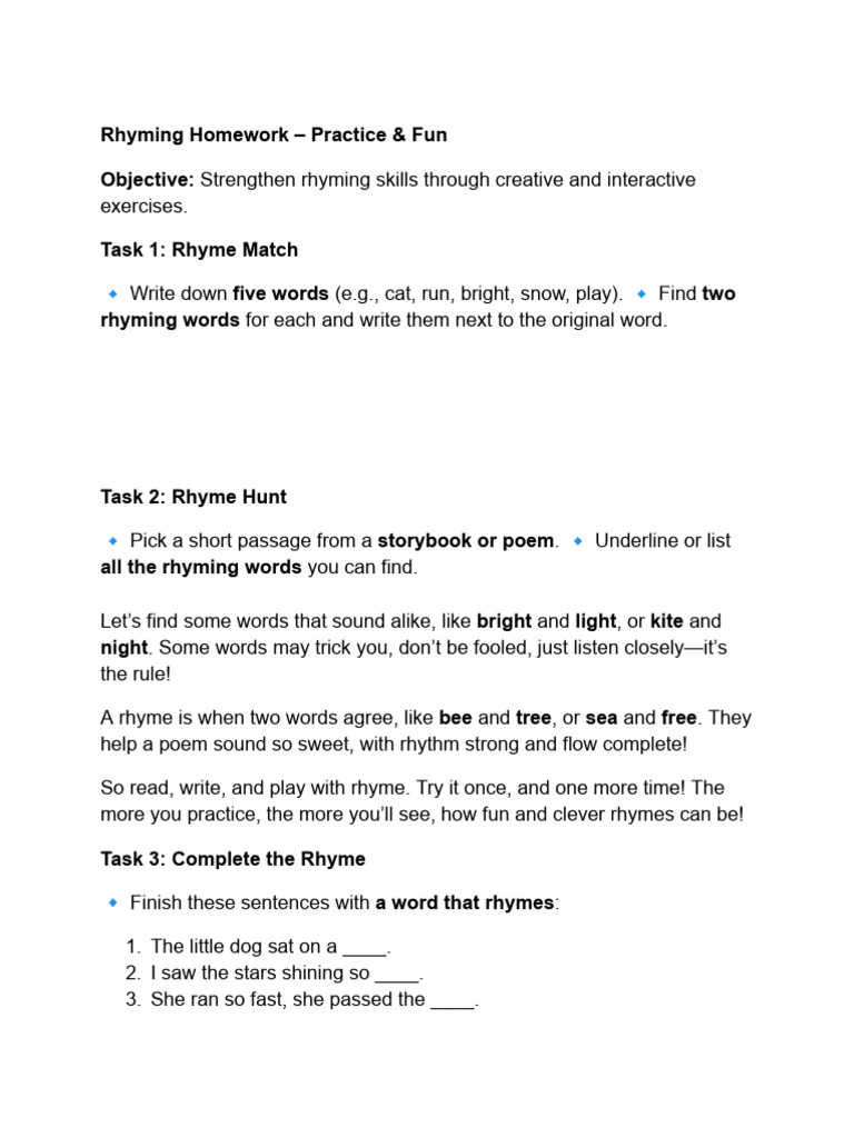 Rhyming Homework Activities | PDF