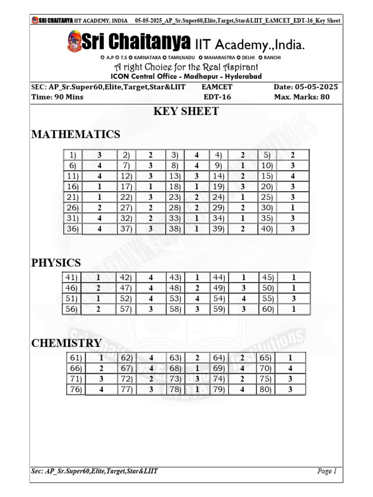 EAMCET Key Sheet for Elite Target 2025 | PDF | Physics | Physical ...