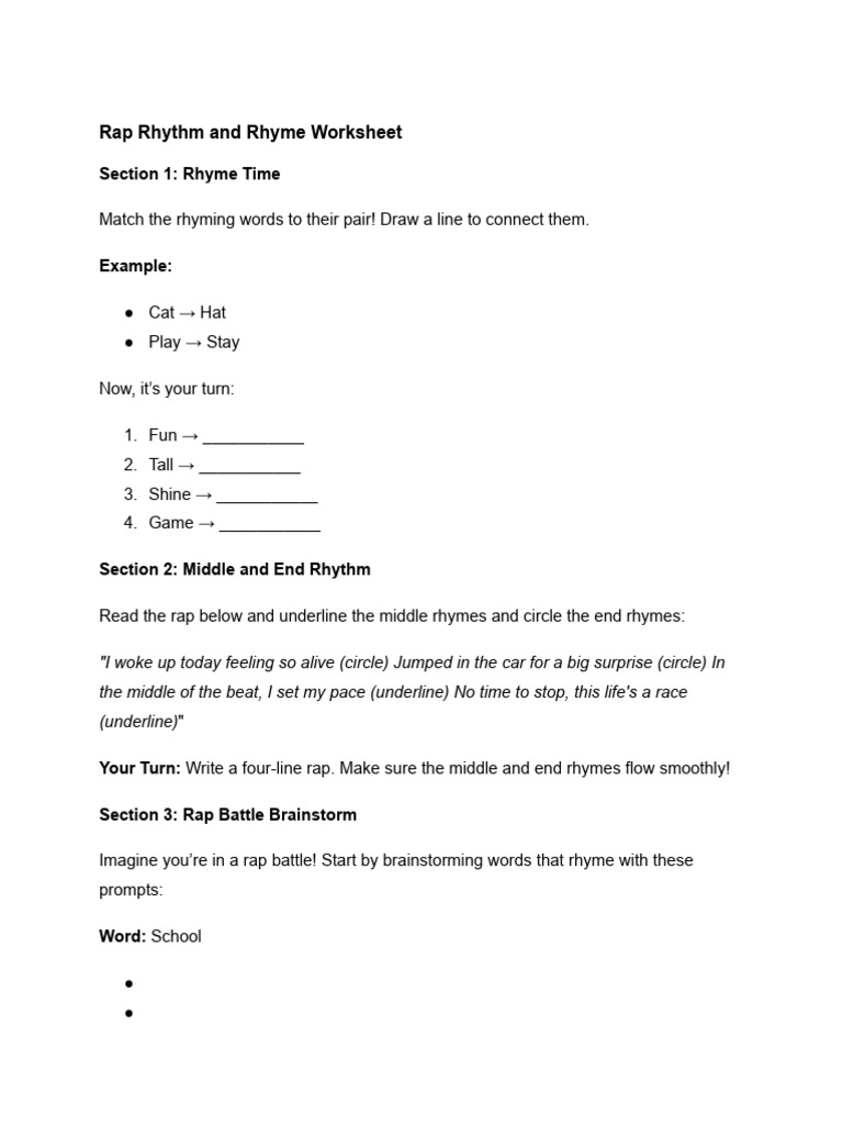 Rap Rhythm and Rhyme Worksheet | PDF
