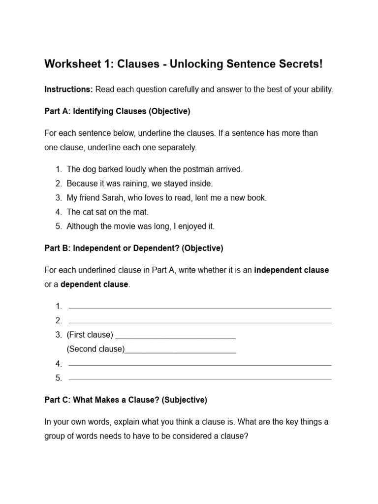 Worksheet 1 - Clauses - Unlocking Sentence Secrets + Worksheet 2 - Sentence Types - Simple ...