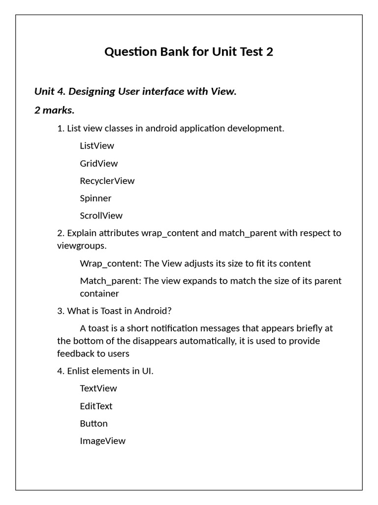 Android Unit Test 2 Question Bank | PDF