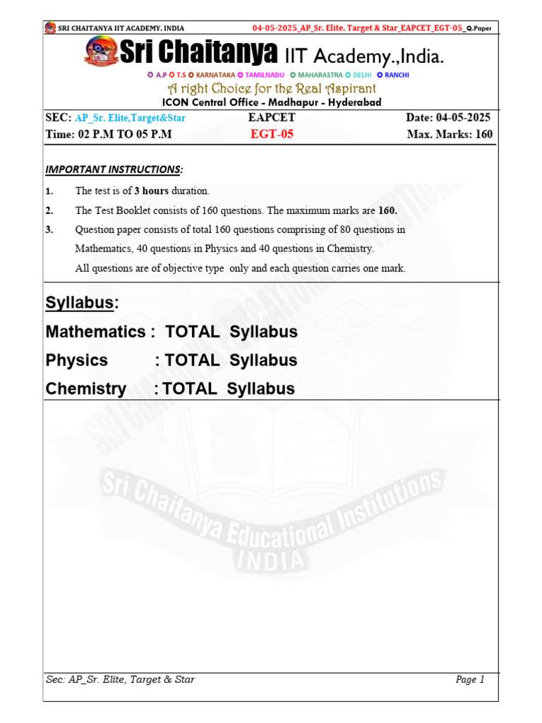 04-05-2025 - AP - Sr. Elite, Target & Star - EAPCET - EGT-05 - Q.Paper ...