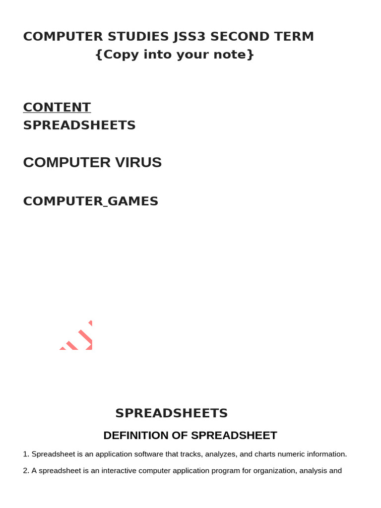 jss3 Second Term Note COMPUTER STUDIES | PDF | Computer Virus | Spreadsheet