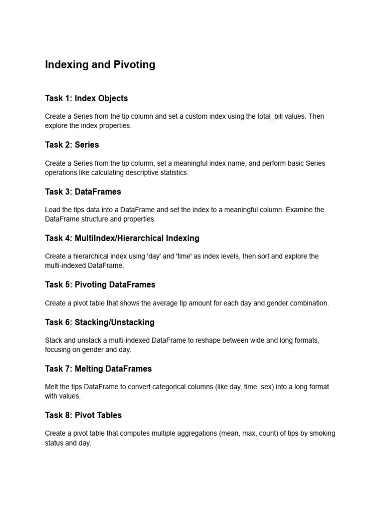 Pandas Tasks Indexing - Pivoting (1) | PDF