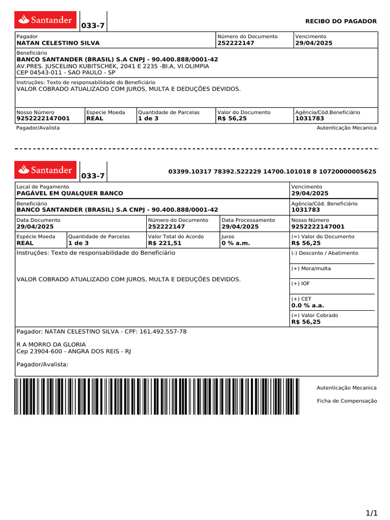Boleto Santander - Natan Silva | PDF | Bancos | Tecnologia bancária