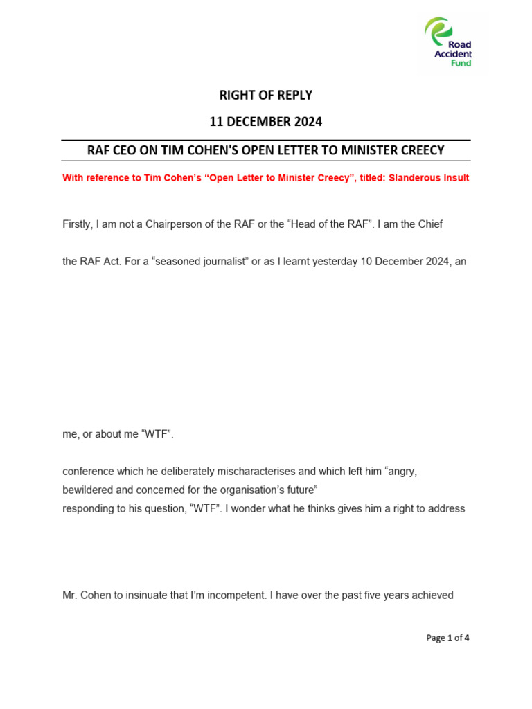 Right of Reply - RAF CEO On Tim Cohen's Open Letter To Minister Creecy ...
