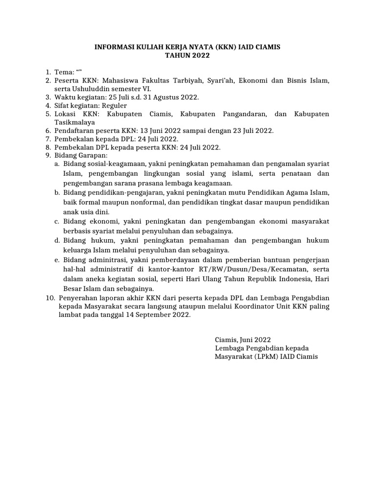KKN IAID Ciamis 2022: Info dan Bidang Garapan | PDF
