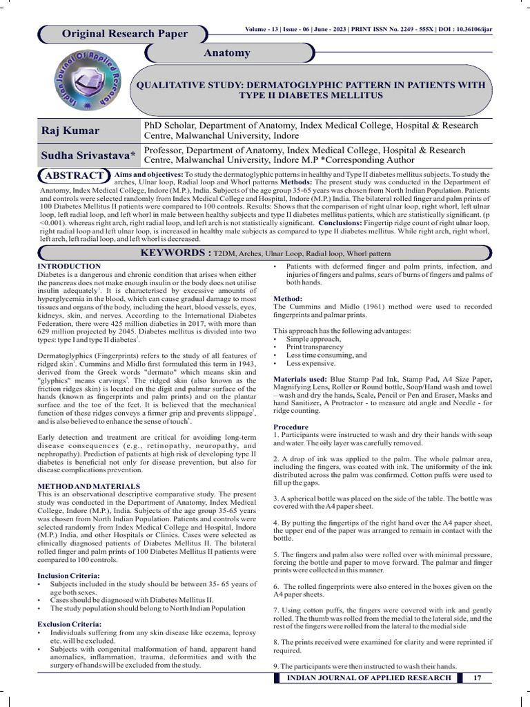 Dermatoglyphic Patterns in Type II Diabetes | PDF