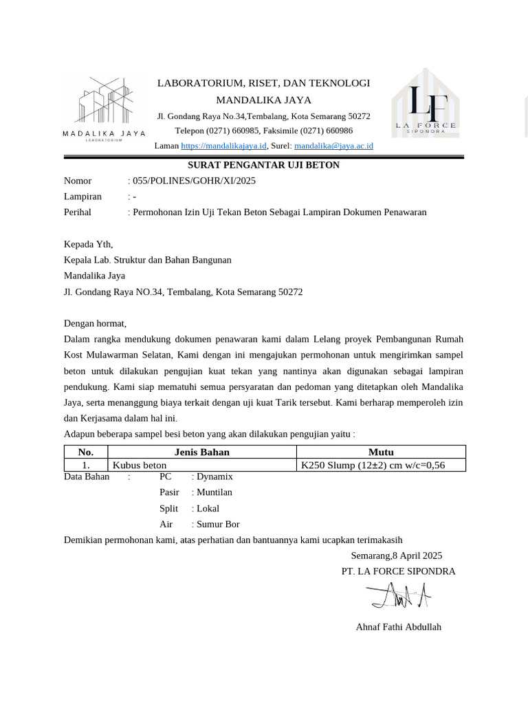 Surat Pengantar Uji Beton | PDF