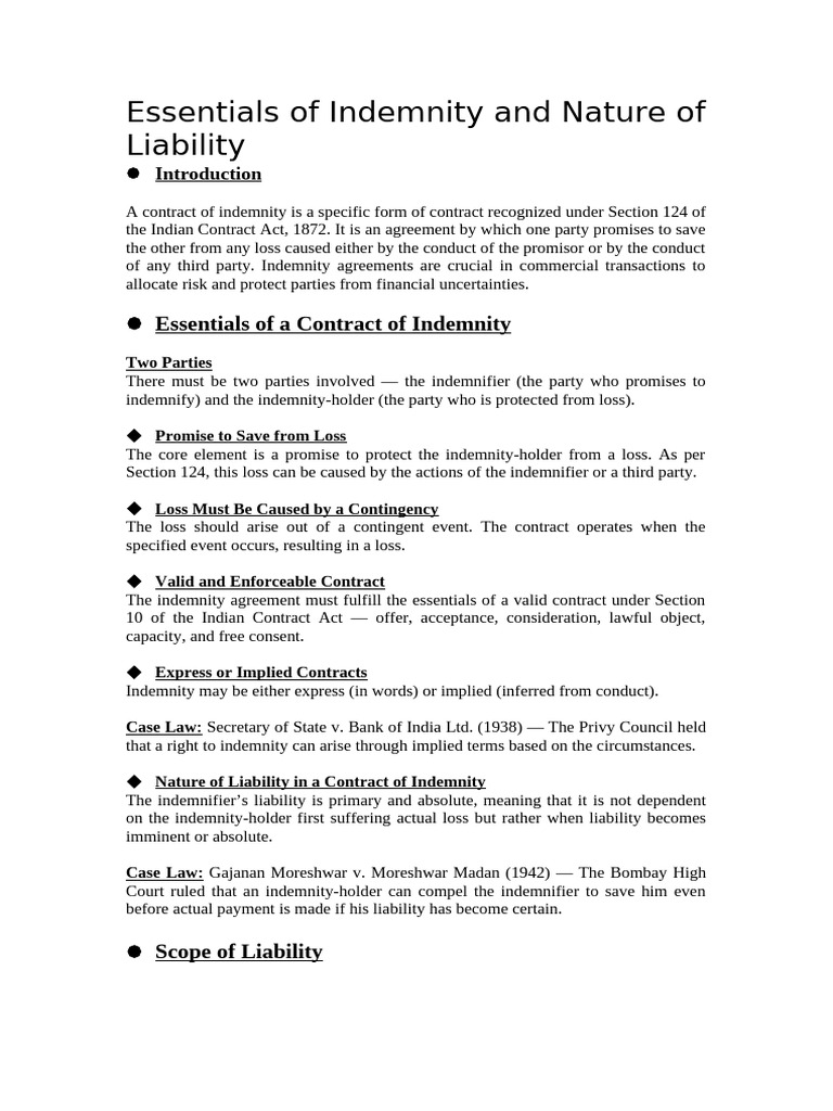 Essentials of Indemnity and Nature of Liability | PDF | Indemnity | Law Of Obligations