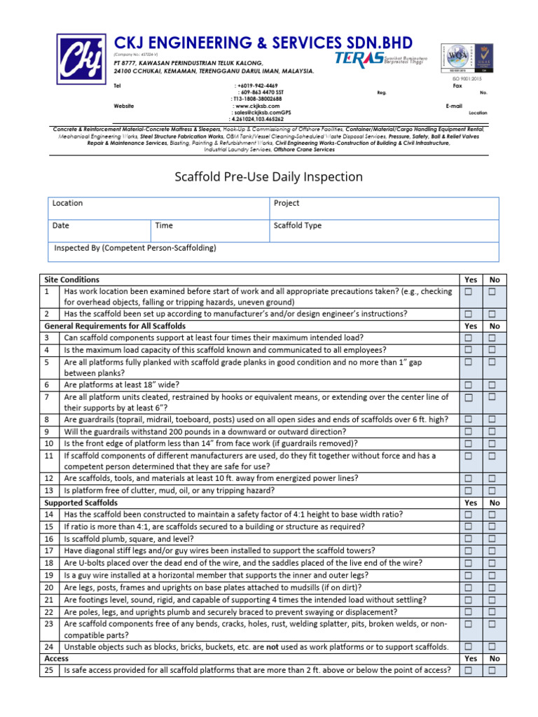 Scaffold Inspection Checklist Template | PDF | Scaffolding | Stairs