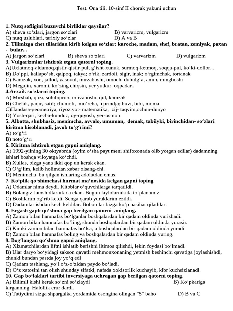 Yangi 10-Sinf Ona Tili Test | PDF