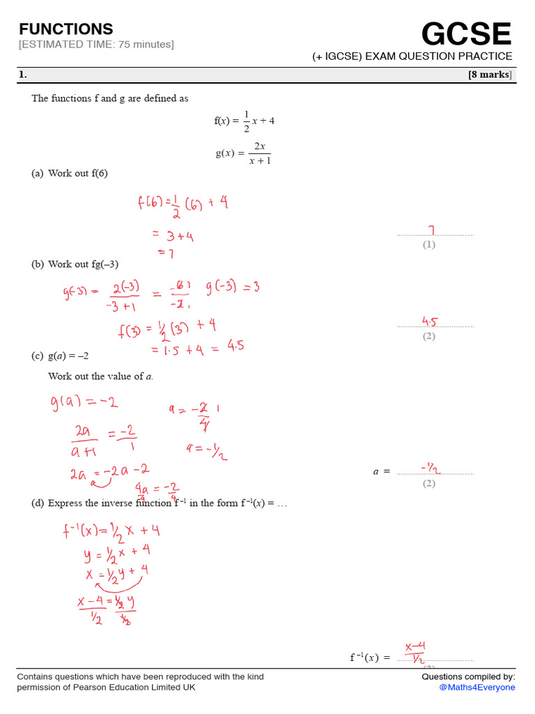 Functions Gcse 9 1 Practice Questions 30234 | PDF | Elementary ...