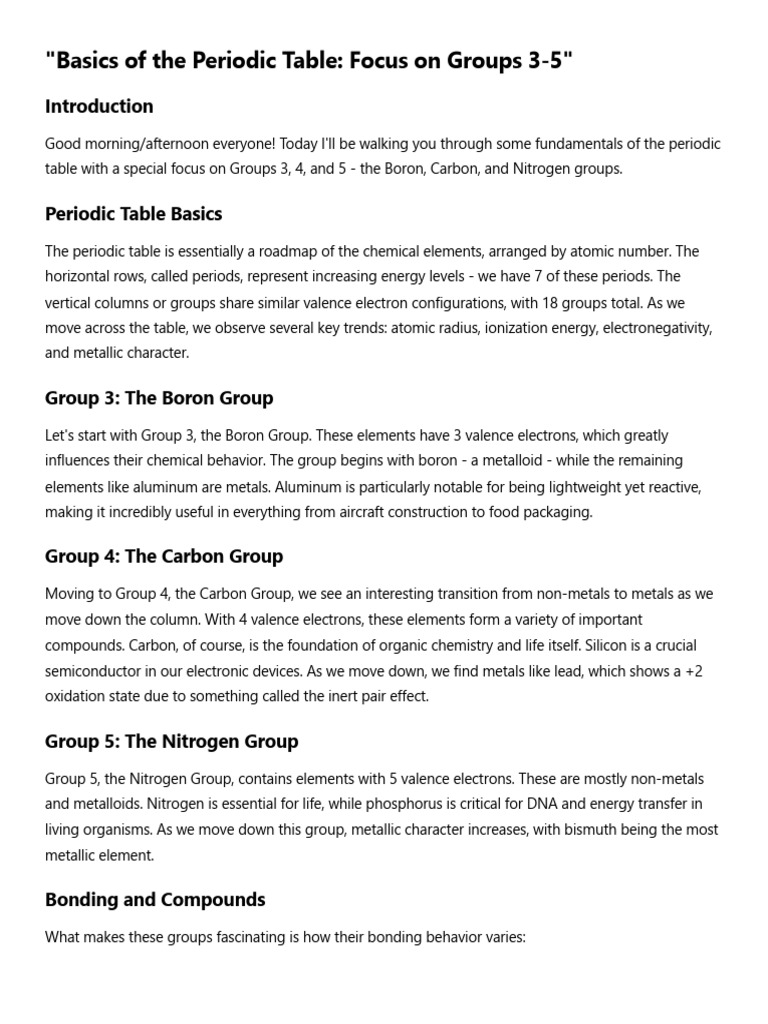 Overview of Periodic Table Groups 3-5 | PDF | Periodic Table | Nitrogen