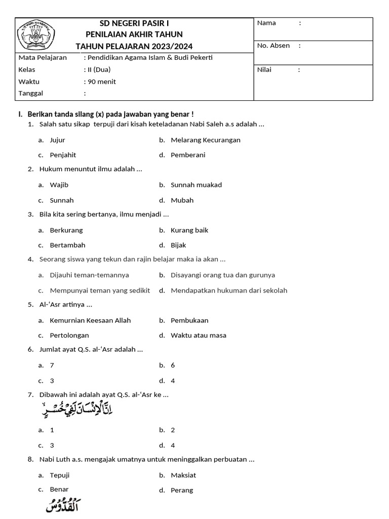 Soal PAT & Kunci Jawaban PAI Kelas 2 K13 | PDF