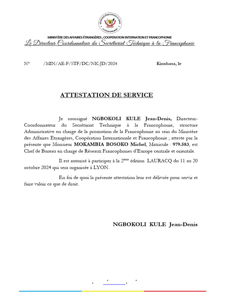 Attestation de service pour M. Mokambia | PDF