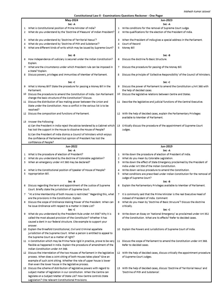 CLI - Exam Papers Summary One Pager | PDF | Public Law | Separation Of ...