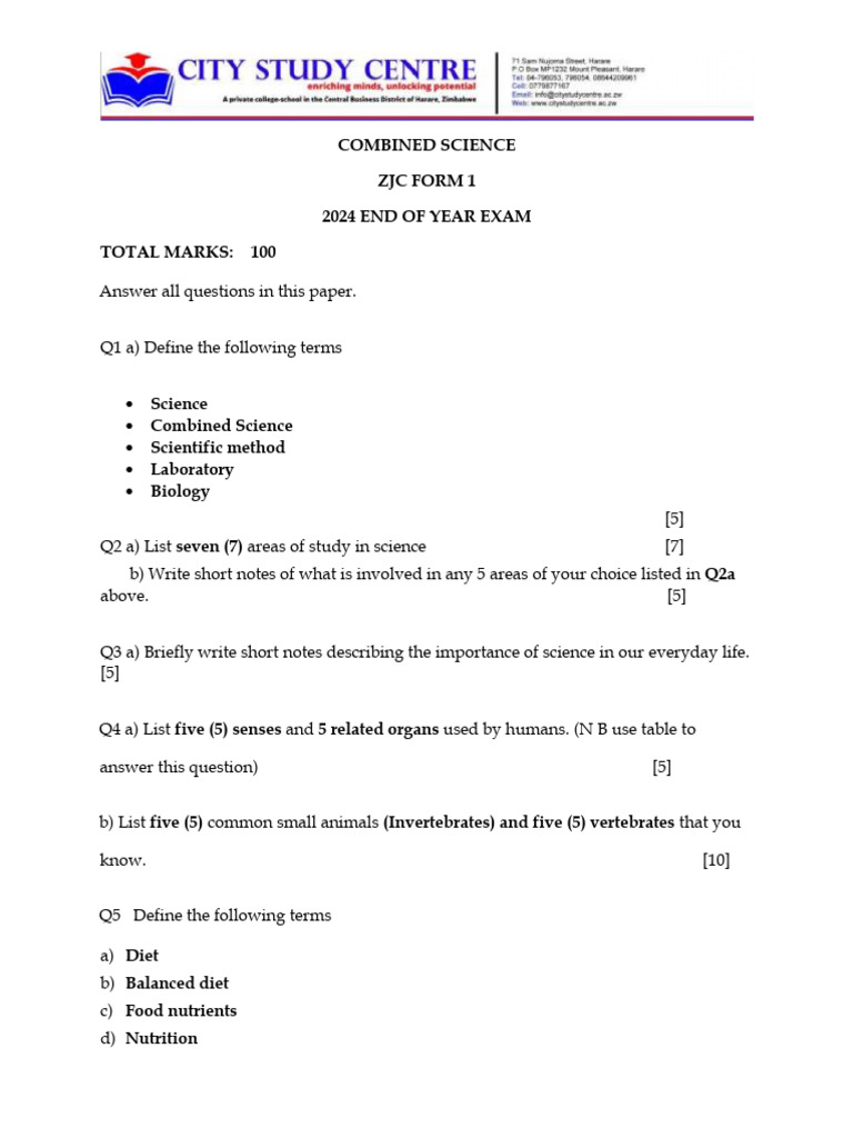 ZJC Form 1 END OF YEAR Combined Science Exam 2024 | PDF