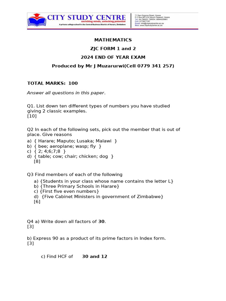 2024 MATHEMATICS Form 1 and 2 End of YEAR EXAM | PDF | Perpendicular | Elementary Geometry