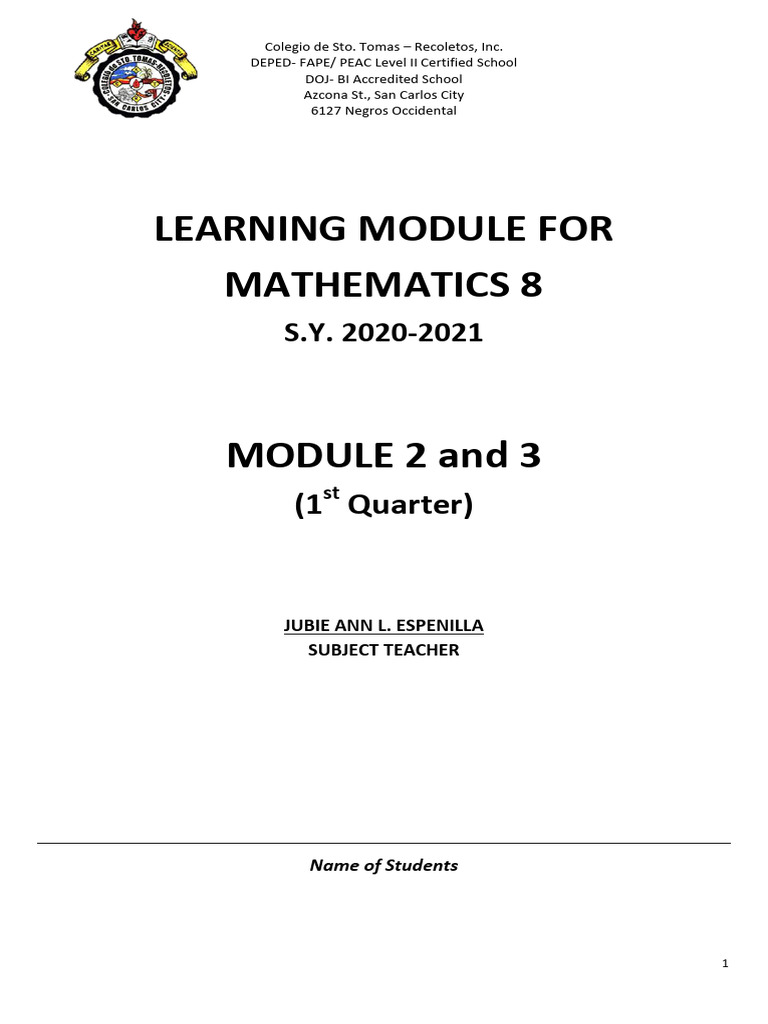 MATHEMATICS8 - QUARTER 1 MODULE 2 and 3 - Factoring | PDF | Factorization | Polynomial