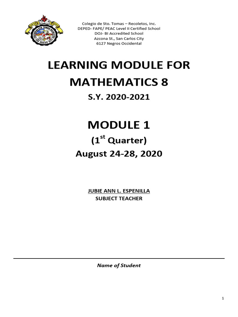 Mathematics 8 Module: Special Products | PDF | Factorization ...