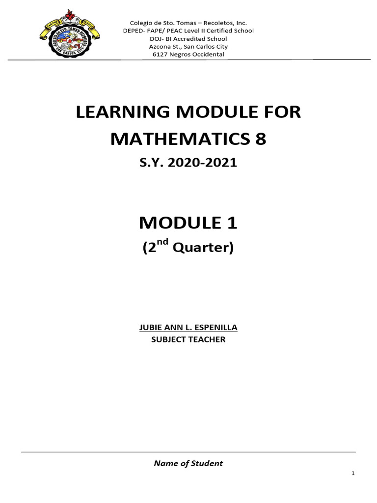 MATHEMATICS8 - QUARTER 2 MODULE 1 - Rectangular Coordinate System | PDF ...
