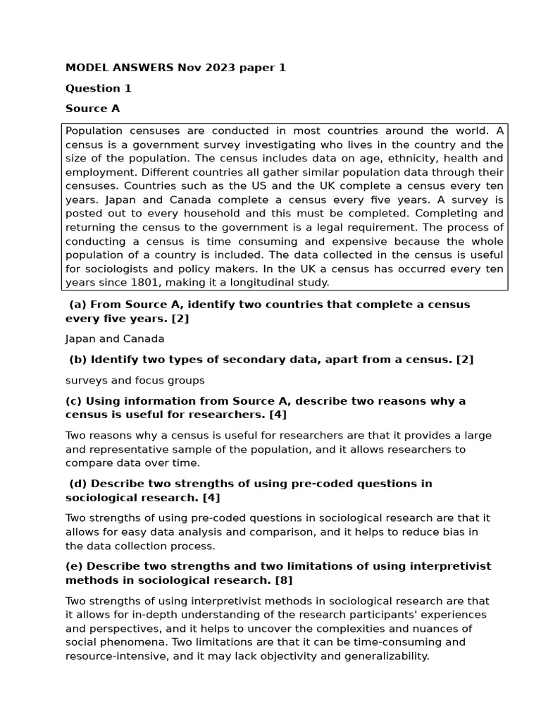 Model Answers Nov 2023 Paper 1 | PDF | Social Research | Census