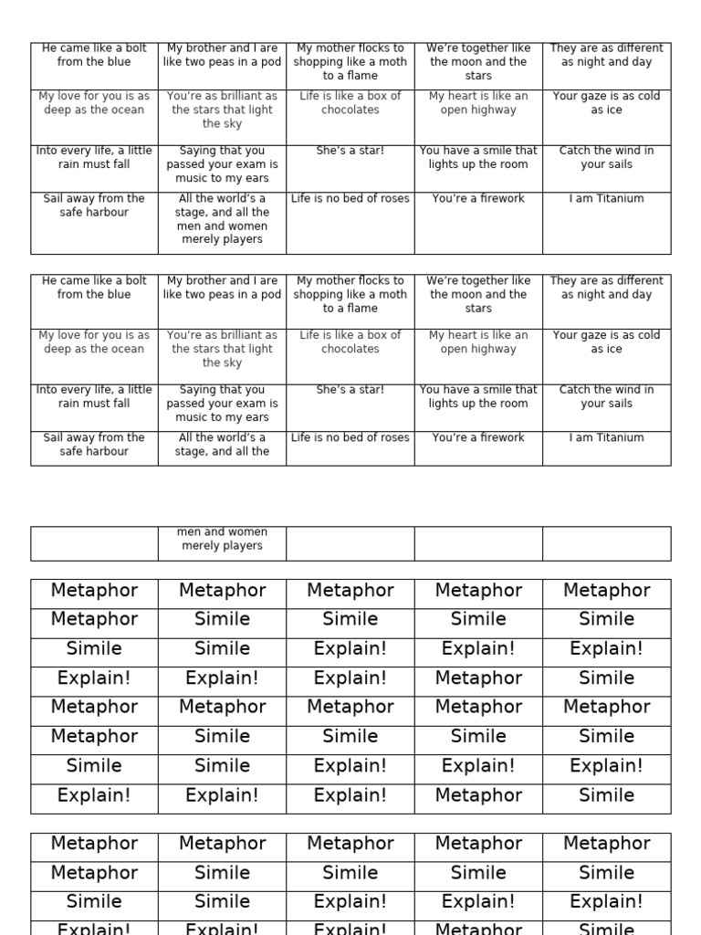 Simile and Metaphor Card Game | PDF | Playing Cards