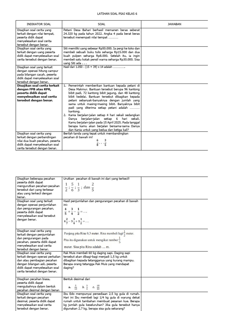 Soal Latihan Psaj SD Matematika TP 2024-2025 | PDF