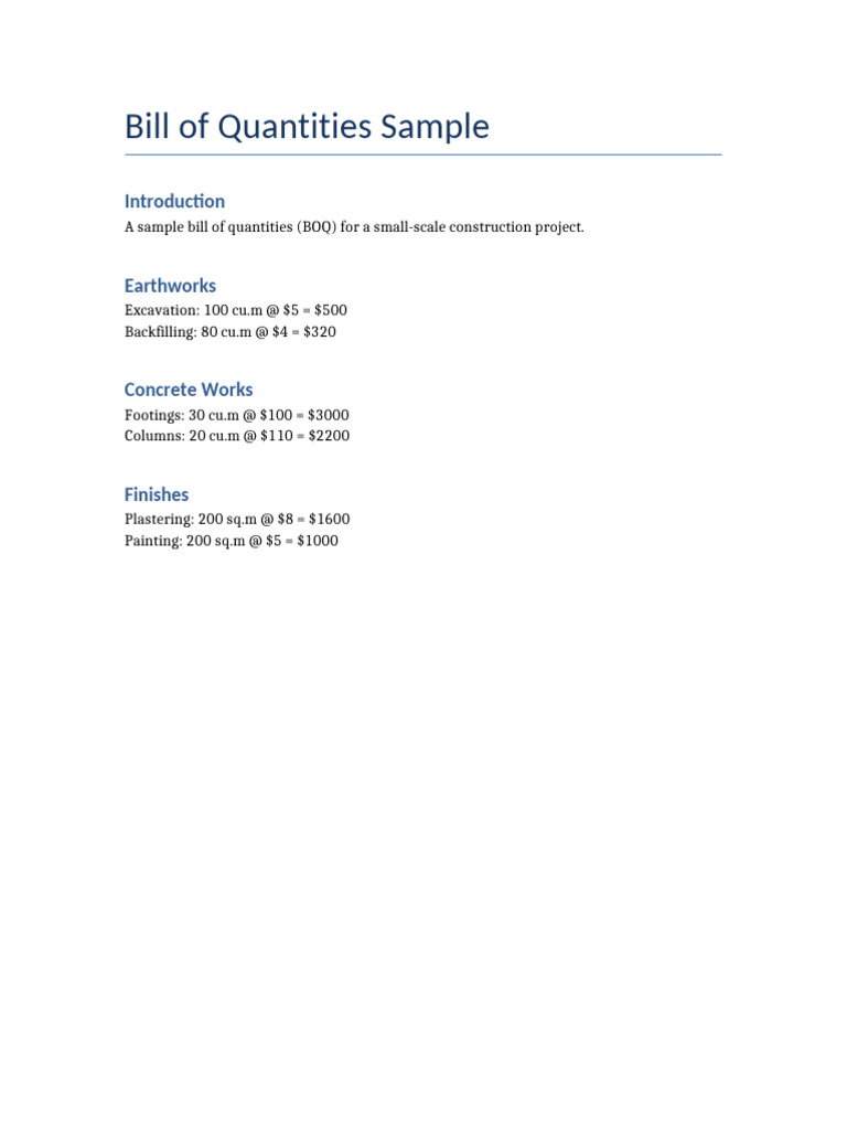 Sample Bill of Quantities for Construction | PDF