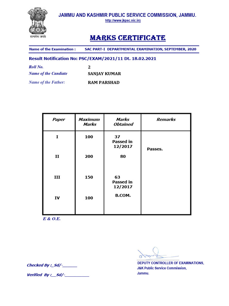 Marks Cards of SAC Part I Departmental Examination September 2020. 26 ...