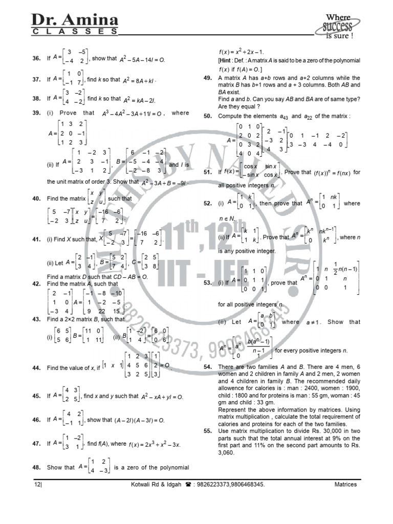 DAC_MATRICES_PRACTICE_SHEET_3_2026 | PDF | Matrix (Mathematics ...