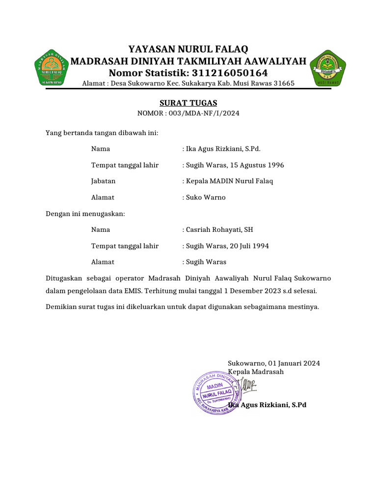 SURAT TUGAS OPERATOR | PDF