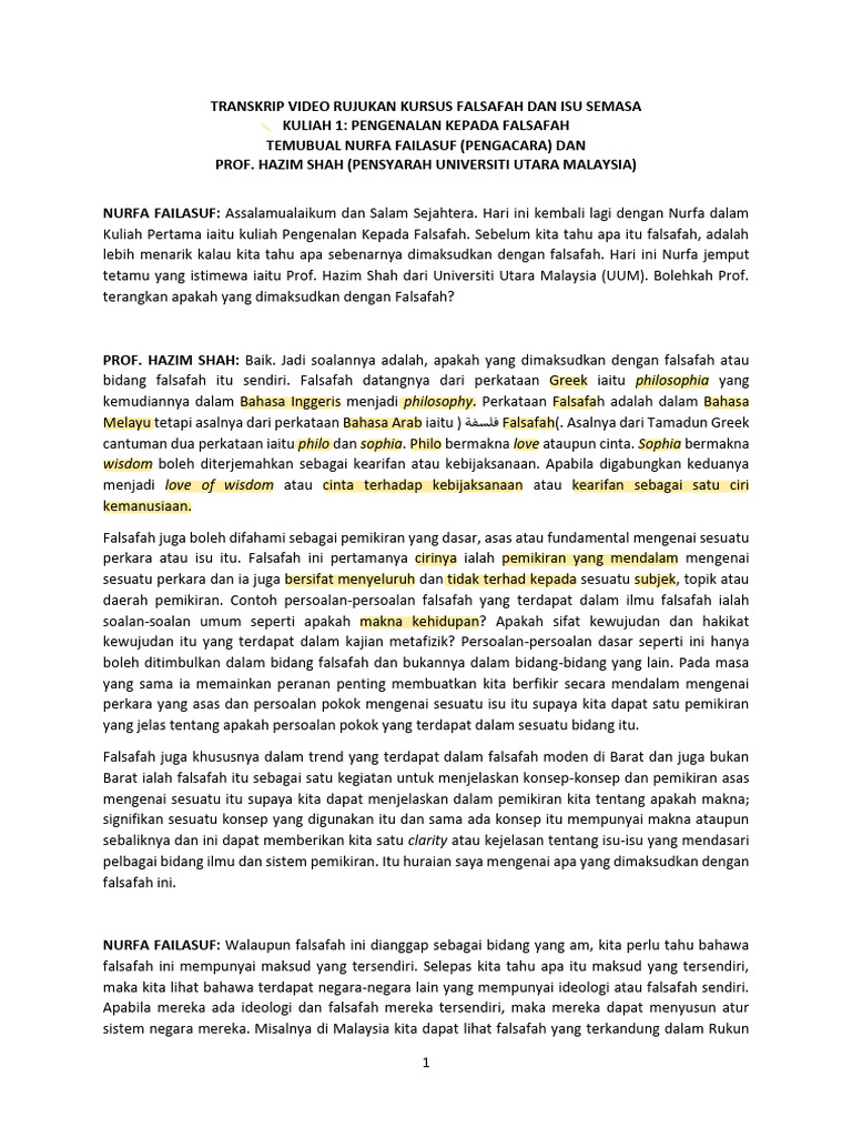 Transkrip Pengenalan Kepada Falsafah | PDF