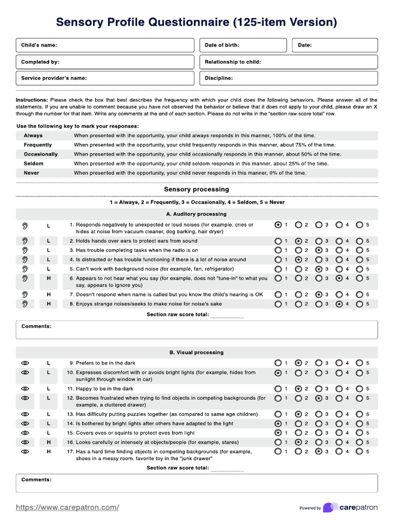 Sensory Profile Questionnaire Sample | PDF | Emotions | Taste