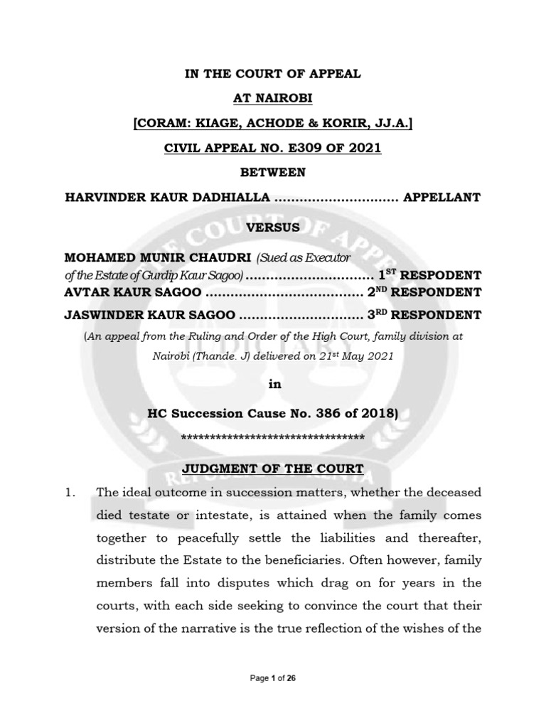 Civil Appeal E309 OF 2021 | PDF | Will And Testament | Probate