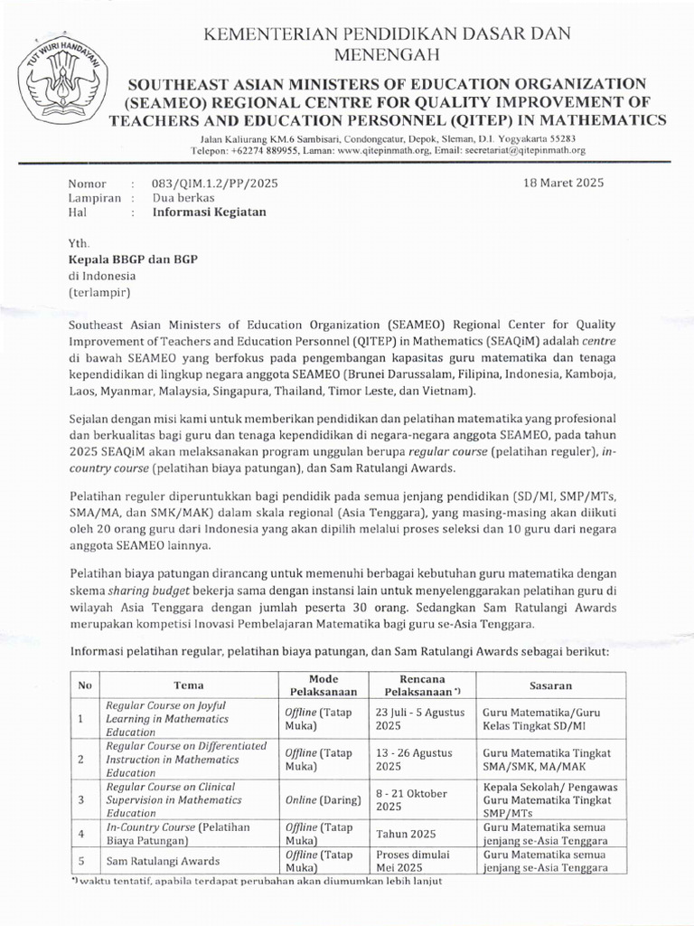 25-04-0161-Informasi Kegiatan SEAMEO QITEP in Mathematics | PDF