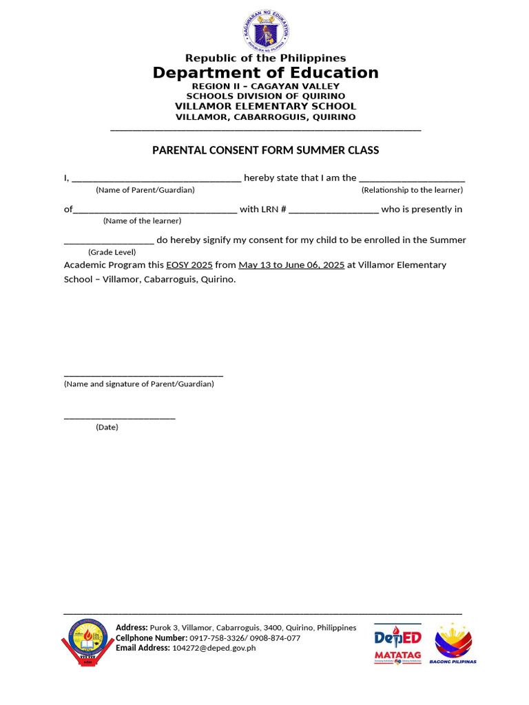 Parental Consent for Summer Class | PDF