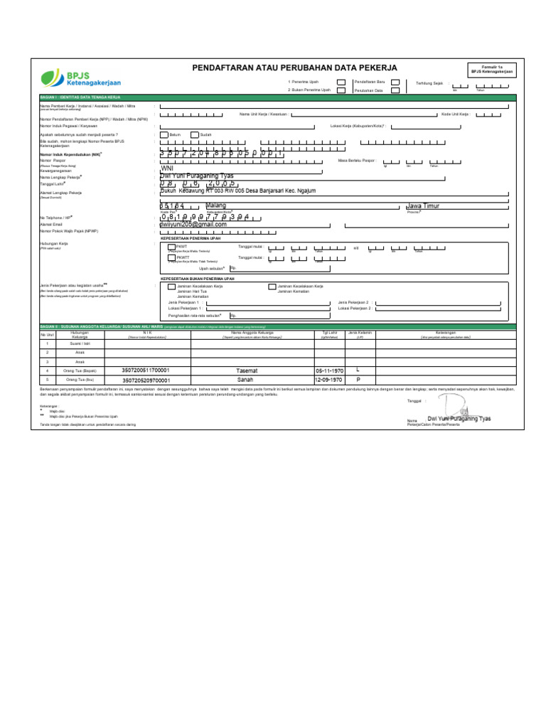 Formulir 1a BPJS Ketenagakerjaan | PDF