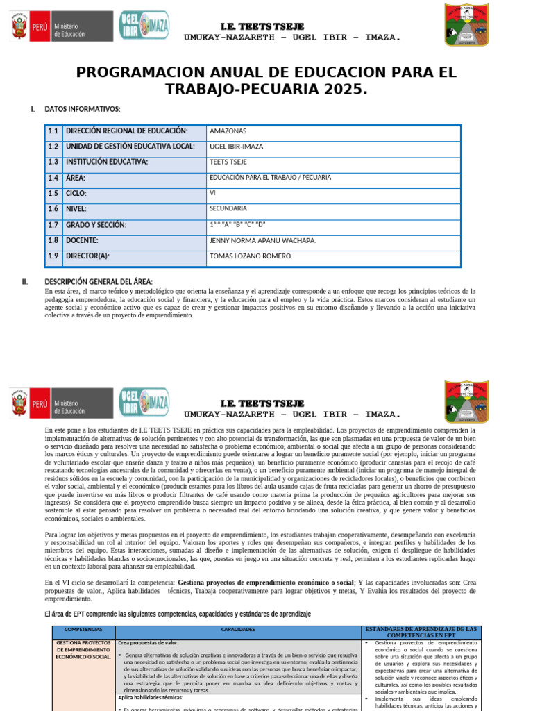 Ept Agropecuaria 1° 2° - Programación Curricular Anual 2025 Jenny | PDF | Aprendizaje | Evaluación