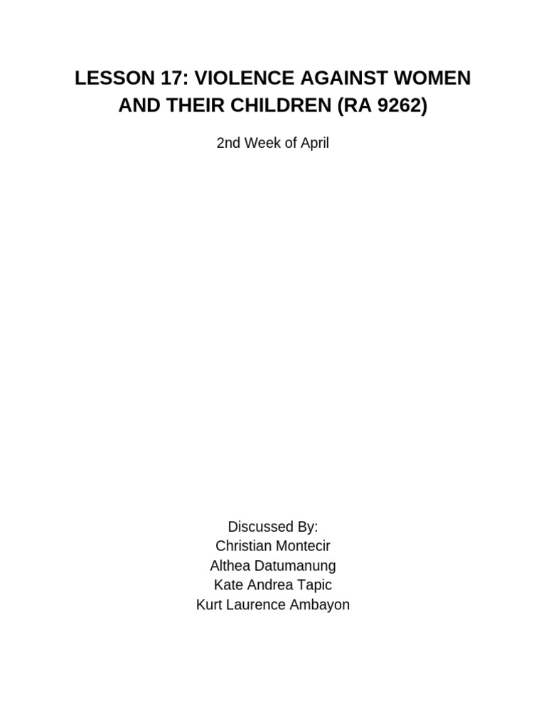 Lesson 17 - Violence Against Women and Their Children (Ra 9262) | PDF | Violence | Violence ...