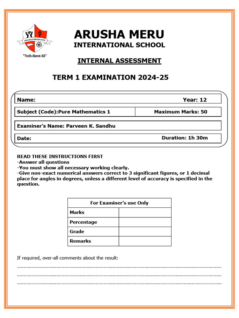 Year 12 Pure Maths - 4 Copies (End of Term1) | PDF | Mathematics