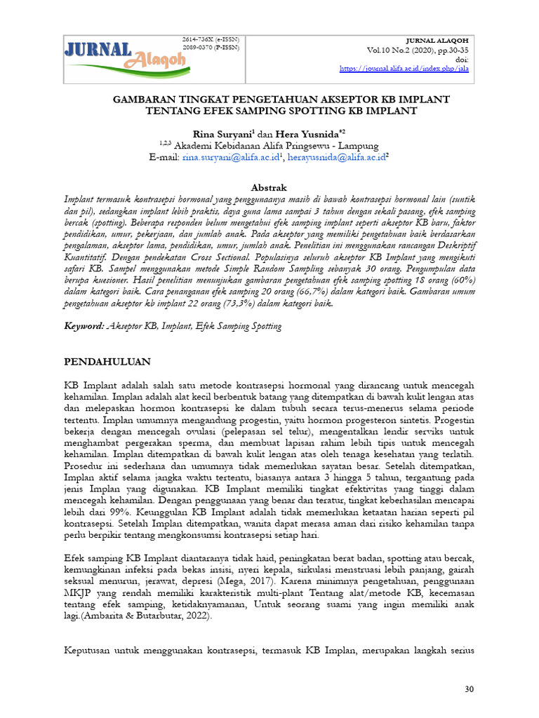 Gambaran Tingkat Pengetahuan Akseptor KB Implant Tentang Efek Samping Spotting KB Implant Rina ...