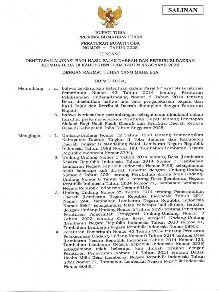 PERBUP Toba BHP 2025 | PDF