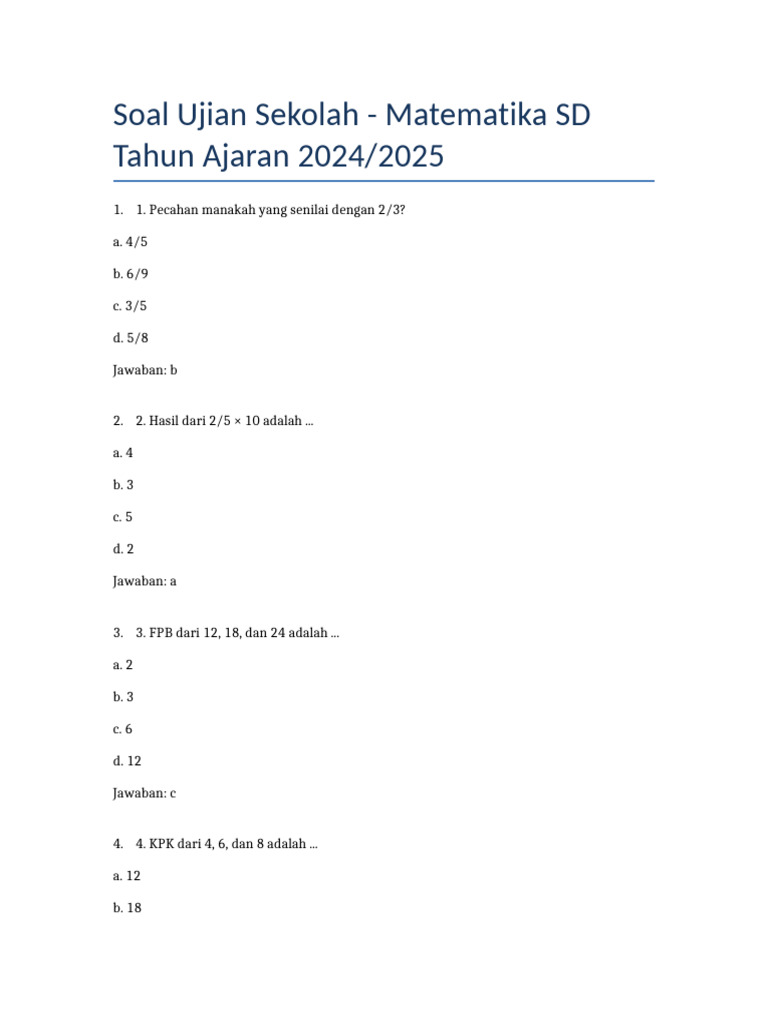 Soal US Matematika SD 2024 2025 | PDF