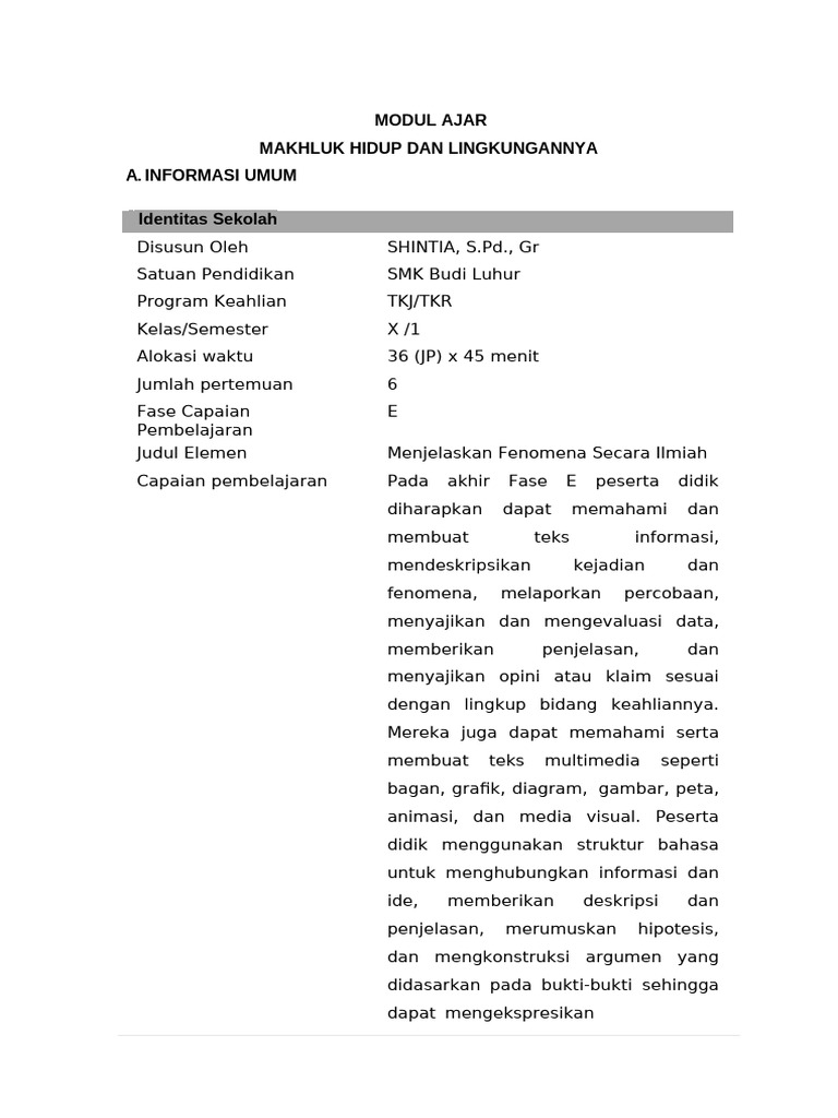 BAB 1modul Ajar Makhluk Hidup Dan Lingkungannya | PDF