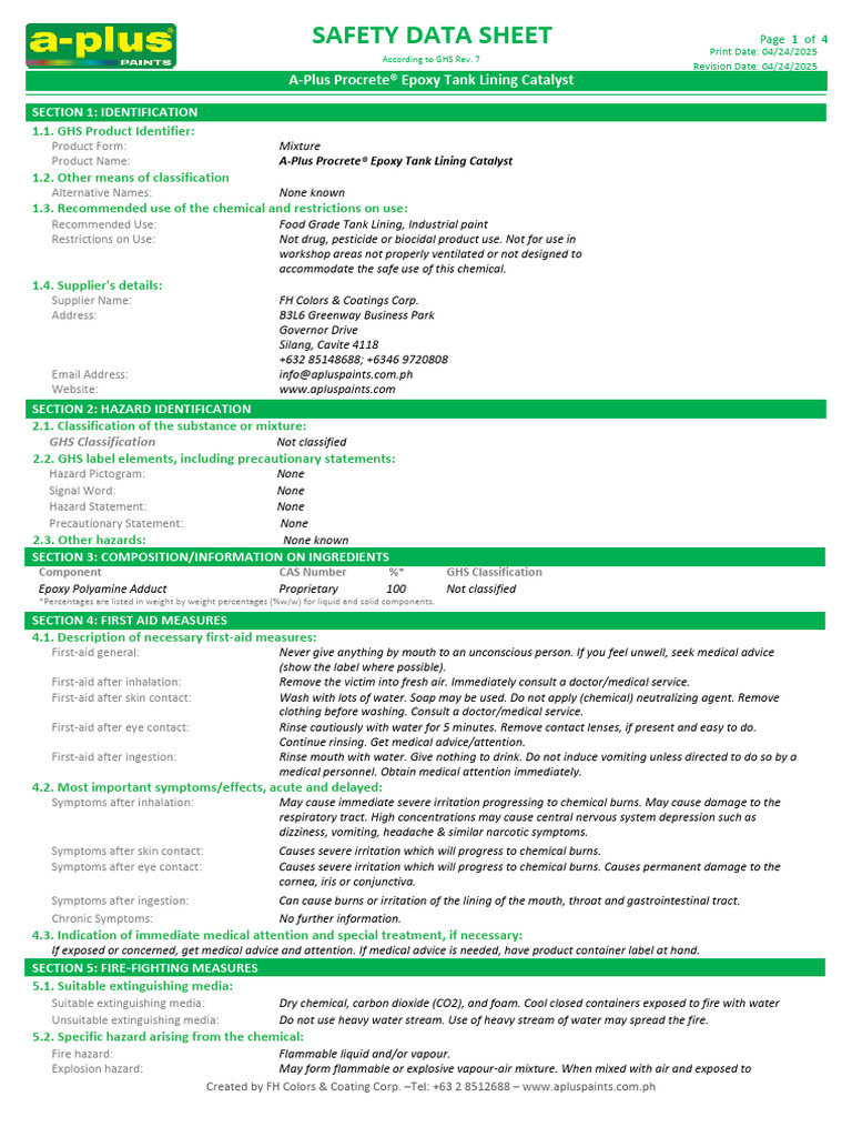 A-Plus Procrete Epoxy Tank Lining Catalyst - SDS | PDF | Personal ...