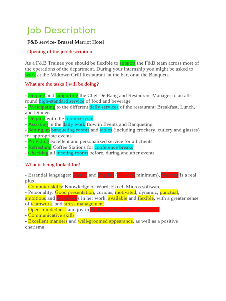 Job Description Analysis | PDF | Restaurants