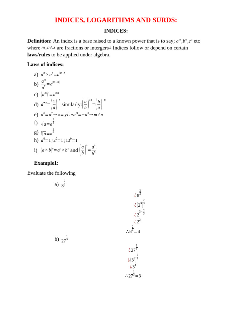 Indices Logarithms And Surds Pdf Square Root Mathematical Analysis