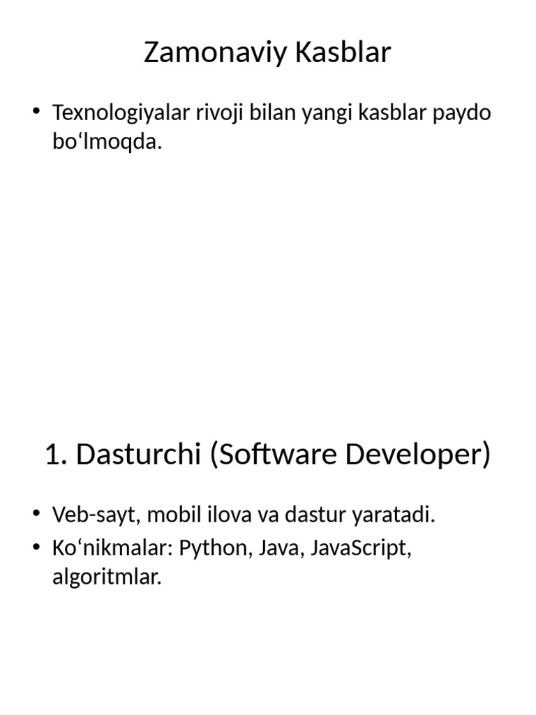 Zamonaviy Kasblar Slayd | PDF